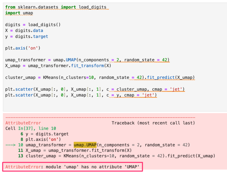 umap.UMAPを実行したら、「AttributeError: module 'umap' has no attribute 'UMAP ... umap.UMAPを実行したら、「AttributeError: module 'umap' has no attribute 'UMAP ...